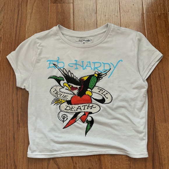 Ed Hardy | Tops | Nwt Ed Hardy Grey Graphic Baby Tee Rhinestone True ...